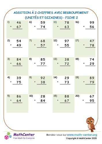 Addition à 2 chiffres avec regroupement (unités et dizaines) - fiche 2 ...