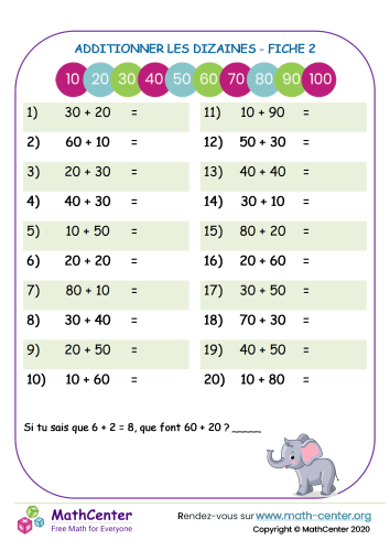 Additionner avec les dizaines fiche 2 | Fiches de travail | Math Center