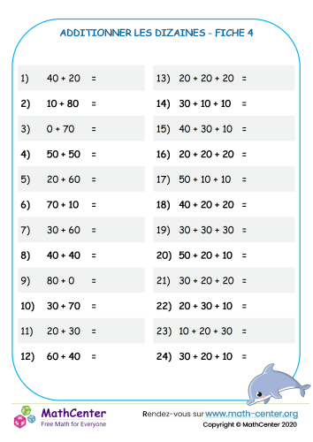 Additionner avec les dizaines fiche 4 | Fiches de travail | Math Center