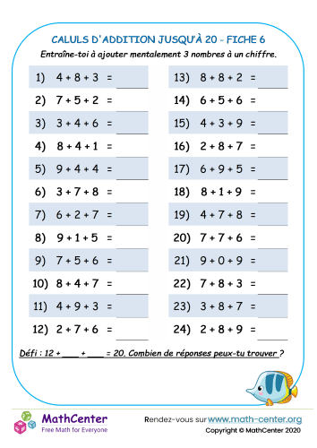 Caluls d'addition à 20 fiche 6 | Fiches de travail | Math Center
