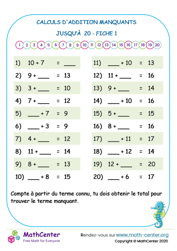 Calculs d'addition manquants à 20 fiche 1 | Fiches de travail | Math Center