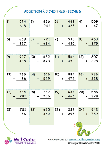 Addition à 3 chiffre fiche 6 | Fiches de travail | Math Center