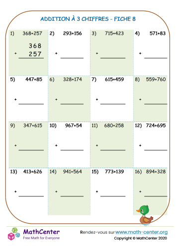 Addition à 3 chiffre fiche 8 | Fiches de travail | Math Center