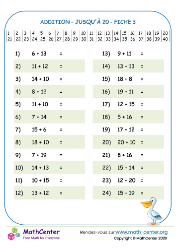 CE1 Fiches de travail: Addition mentale à deux chiffres | Math Center