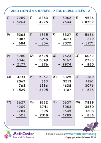 Addition à 4 chiffre ajouts multiples 2 | Fiches de travail | Math Center