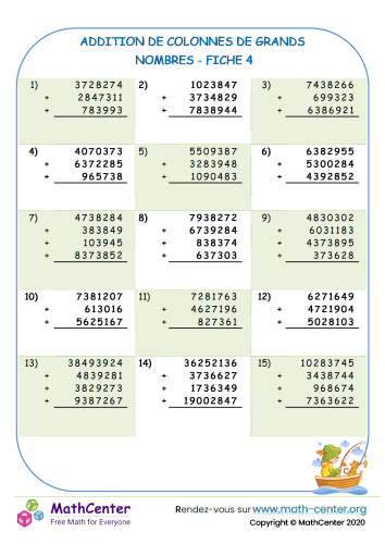 Addition de colonnes de grands nombres fiche 4 | Fiches de travail ...