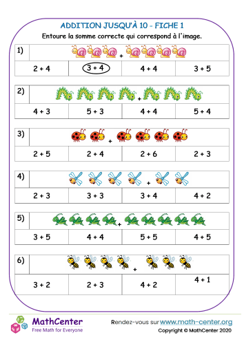 Phrase d'addition à 10 fiche 1 | Fiches de travail | Math Center