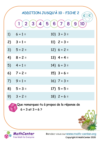 Addition à 10 fiche 2 | Fiches de travail | Math Center