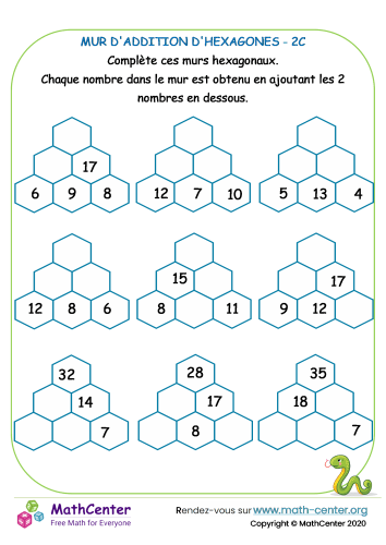 Mur d'addition d'hexagone modèle fiche 2c | Fiches de travail | Math Center