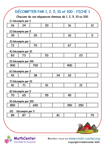 Décompter avec 1, 2, 5, 10 et 100 fiche 1 | Fiches de travail | Math Center