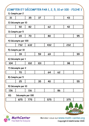 Compter et décompter avec 1, 2, 5, 10 et 100 fiche 1 | Fiches de ...