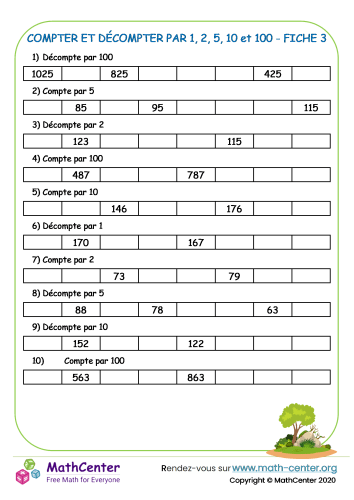 Compter et décompter avec 1, 2, 5, 10 et 100 fiche 3 | Fiches de ...