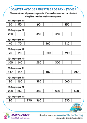 Compter avec des multiples de dix fiche 1 | Fiches de travail | Math Center
