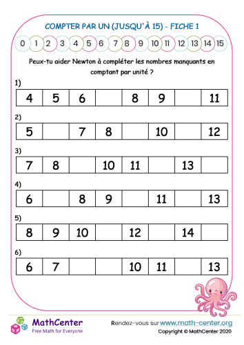 Compter avec un (jusqu'à 15) fiche 1 | Fiches de travail | Math Center