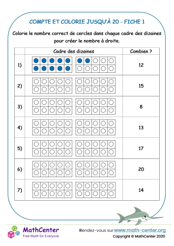 Compte et colorie à 20 fiche 1 | Fiches de travail | Math Center