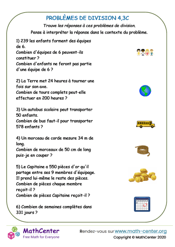 Problèmes de division fiche 4. 3c | Fiches de travail | Math Center