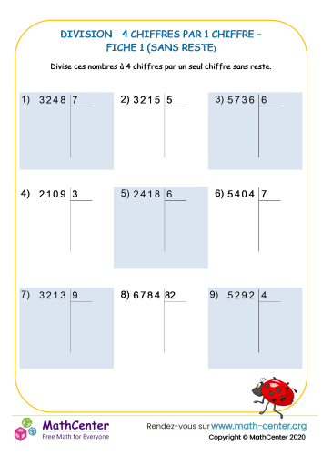Division - 4 chiffres par 1 chiffre fiche 1 (sans reste) | Fiches de ...