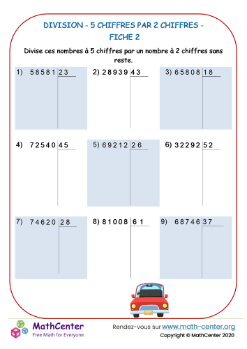 Division - 5 chiffres par 2 chiffres fiche 2 | Fiches de travail | Math ...