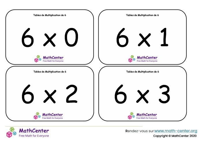 6 tables de multiplication - cartes avec réponses | Jeux | Math Center
