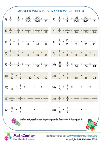 Additionner des fractions - fiche 4 | Fiches de travail | Math Center