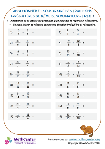 CE2 Fiches de travail: Additionner et soustraire des fractions | Math ...