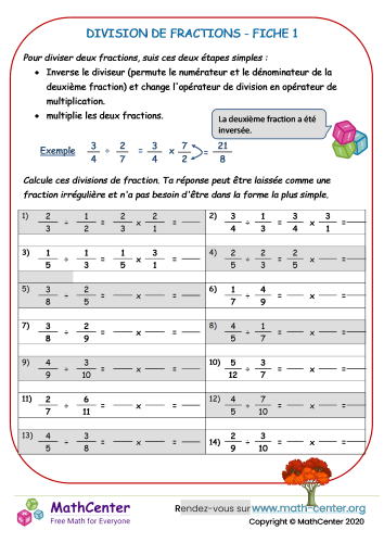 Division des fractions fiche 1 | Fiches de travail | Math Center