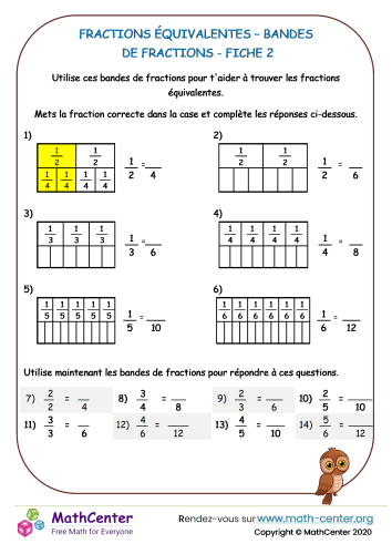 CE2 Fiches de travail: Équivalence des fractions | Math Center