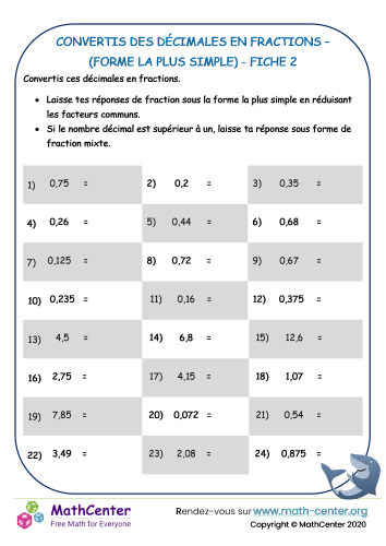 Convertis des décimales en fractions fiche 2 (forme la plus simple ...
