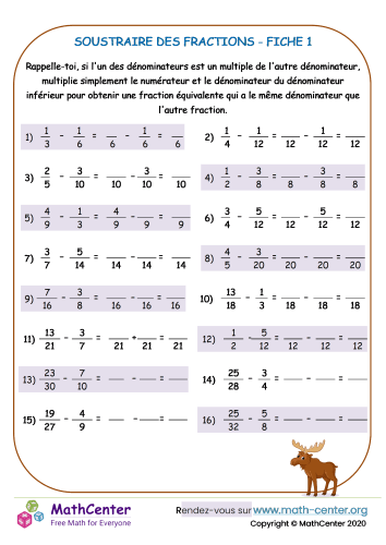 Soustraire des fractions 1a | Fiches de travail | Math Center