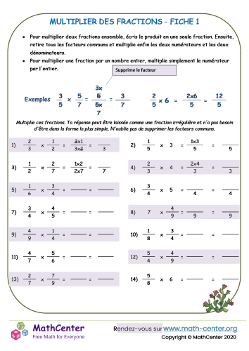 Multiplier des fractions fiche 1 | Fiches de travail | Math Center