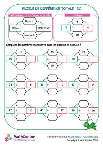 Différence totale - puzzle 3c | Fiches de travail | Math Center