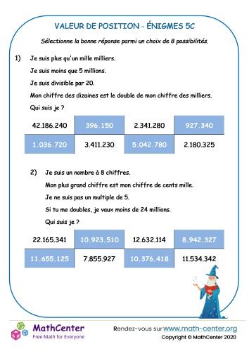 La valeur de position à plusieurs chiffres - énigmes 5c | Jeux | Math ...