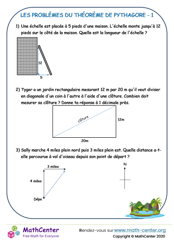 Les problèmes du théorème de pythagore 1 | Fiches de travail | Math Center