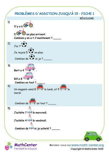CP Fiches de travail: Problèmes d'addition | Math Center