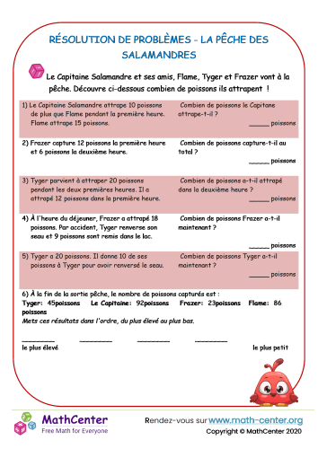 Résolution de problèmes - la pêche de salamandre | Fiches de travail ...