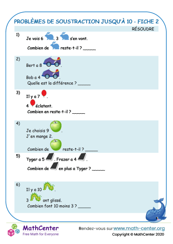 Problèmes de soustraction de 10 fiche 2 | Fiches de travail | Math Center