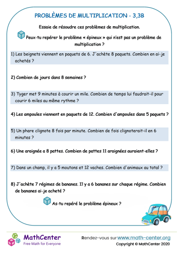 CE2 Fiches de travail: Problèmes de multiplication | Math Center