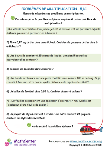 Multiplication - problèmes 5. 1c | Fiches de travail | Math Center