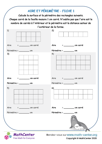 Aire et périmètre fiche 1 | Fiches de travail | Math Center