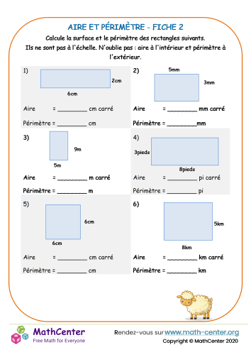 Aire et périmètre fiche 2 | Fiches de travail | Math Center