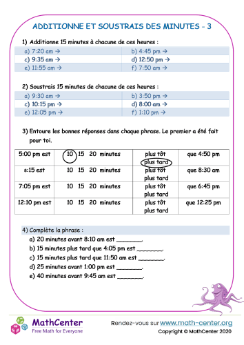 Additionne et soustrais des minutes 3 | Fiches de travail | Math Center
