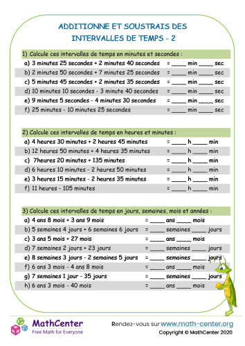 Additionne et soustrais des intervalles de temps 2 | Fiches de travail ...