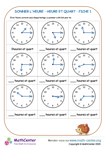 Donner l'heure - heure et quart fiche 1 | Fiches de travail | Math Center