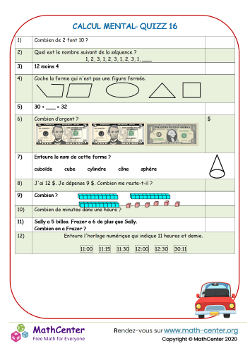 Calcul mental quizz 1 : 6 | Fiches de travail | Math Center