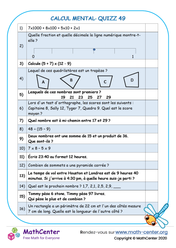 Calcul mental quizz 4 : 9 | Fiches de travail | Math Center