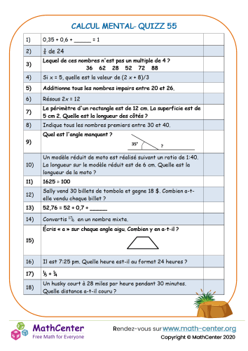Calcul mental quizz 5 : 5 | Fiches de travail | Math Center