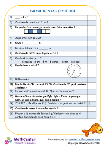 Calcul mental fiche 3 : b4 | Fiches de travail | Math Center