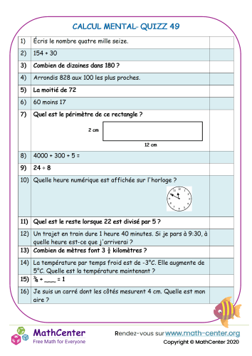 Calcul mental - quiz 4:9 | Fiches de travail | Math Center