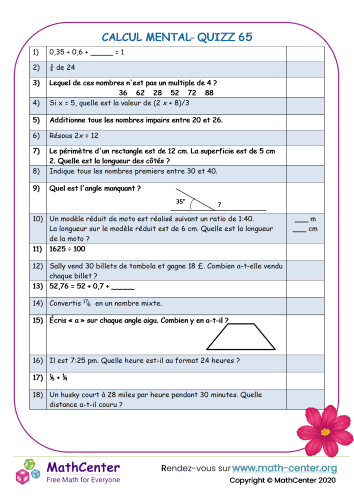 Calcul mental - quiz 6:5 | Fiches de travail | Math Center