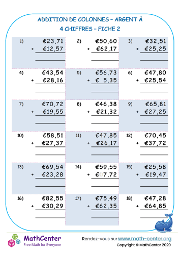 Addition de colonnes à 4 chiffres - euro - fiche 2 | Fiches de travail ...